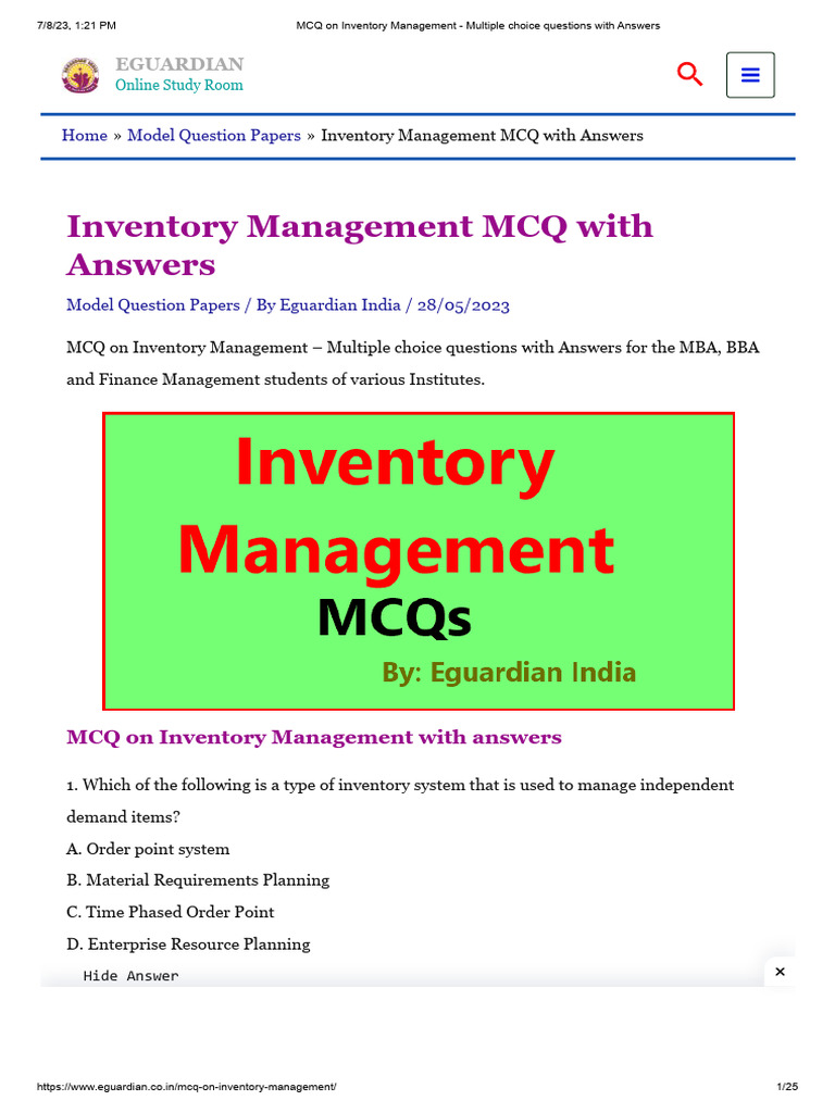 MCQ On Inventory Management - Multiple Choice Questions With Answers ...