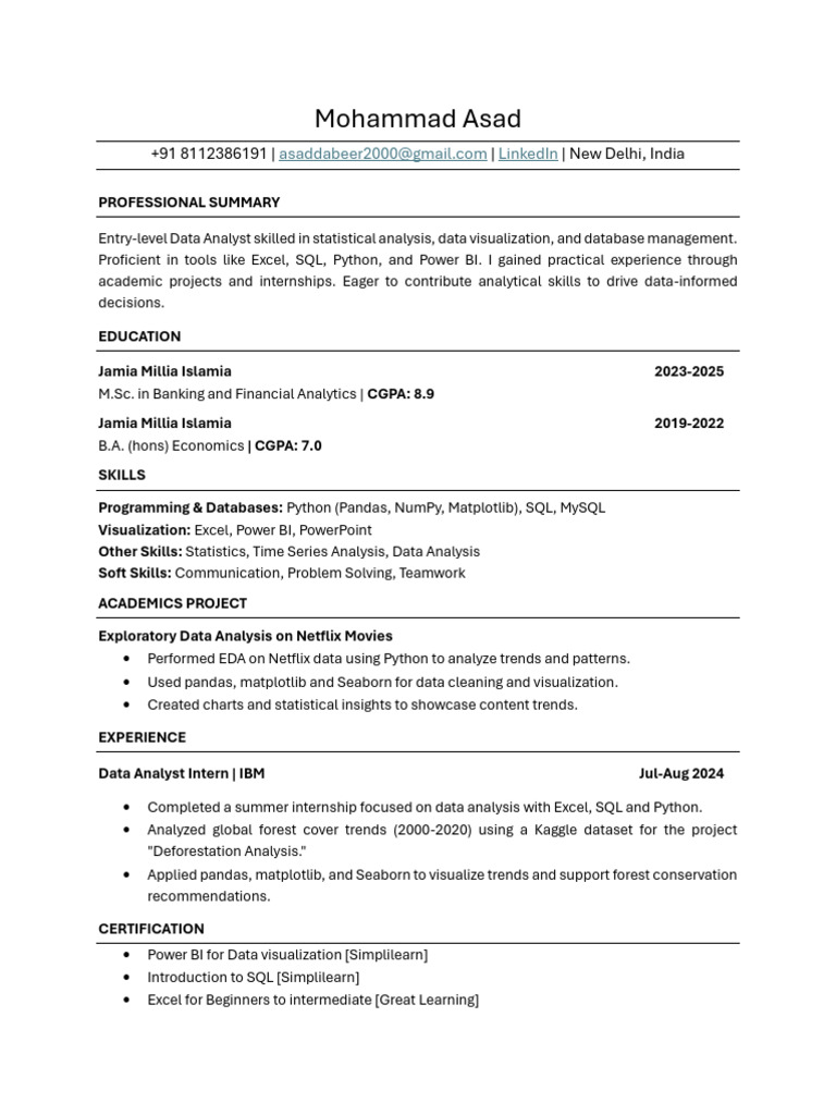 Entry-Level Data Analyst Resume | PDF