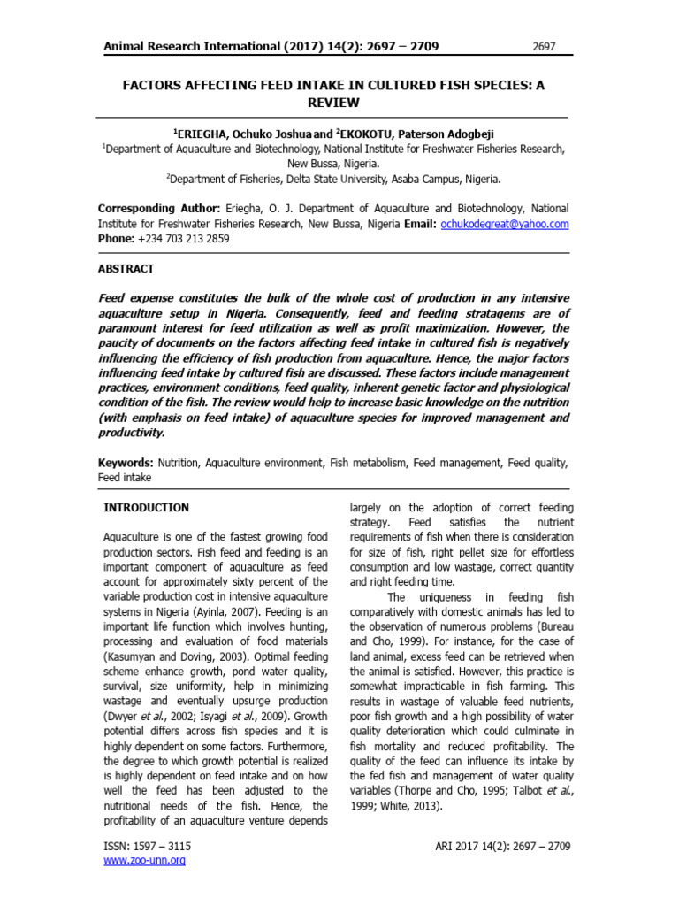 Factors Affecting Feed Intake in Cultured Fish Species | PDF | Eating ...