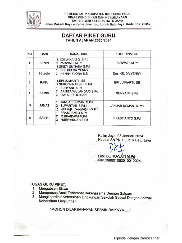 daftar piket 20232024 | PDF