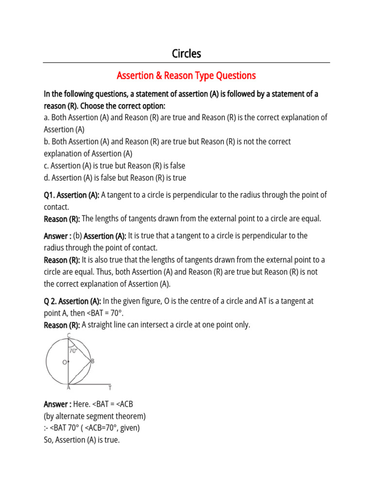 Circle Assertion & Reason Questions | PDF | Circle | Perpendicular