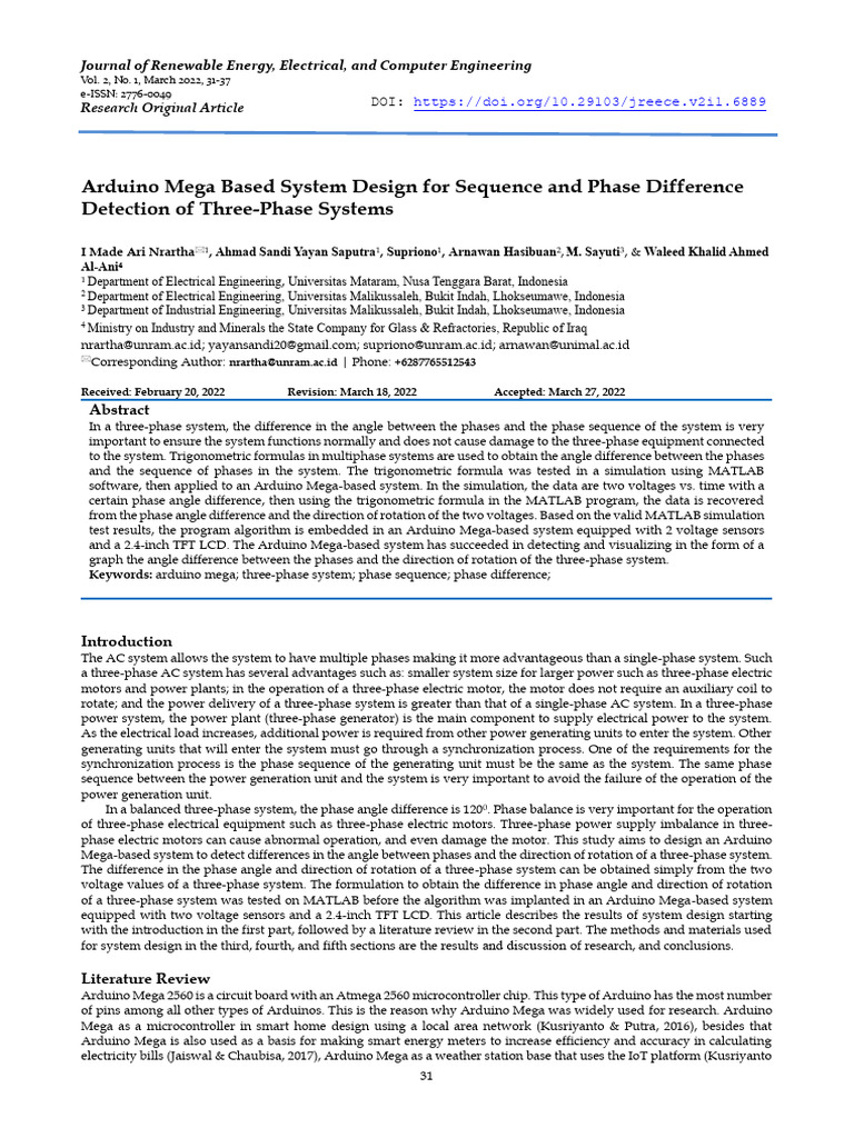 Arduino Mega Based System Design For Sequence and Phase Difference Detection of Three-Phase ...