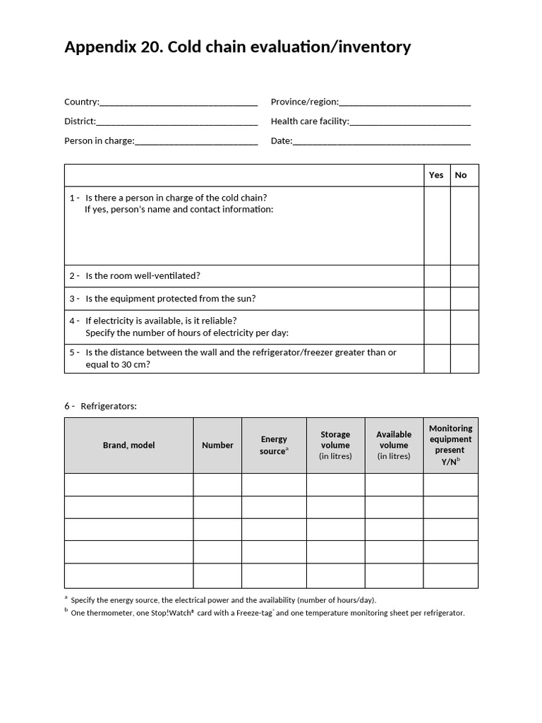 Appendix 20 Cold Chain Evaluation-Inventory | PDF | Refrigerator | Engineering Thermodynamics