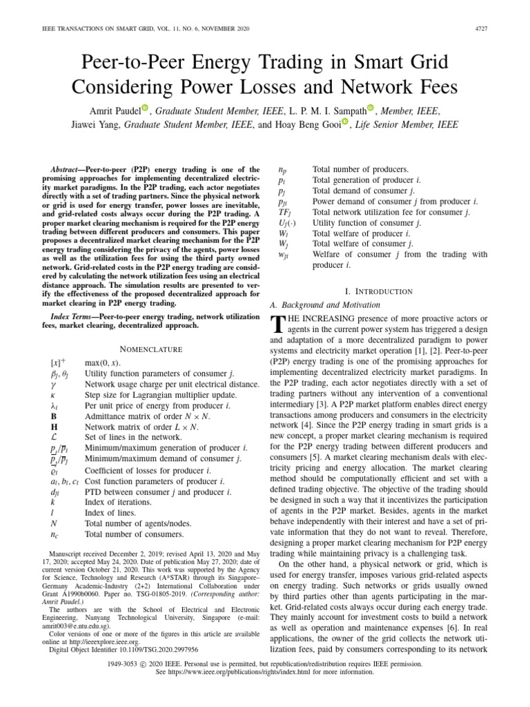 Peer-to-Peer Energy Trading in Smart Grid Considering Power Losses and Network Fees | PDF ...