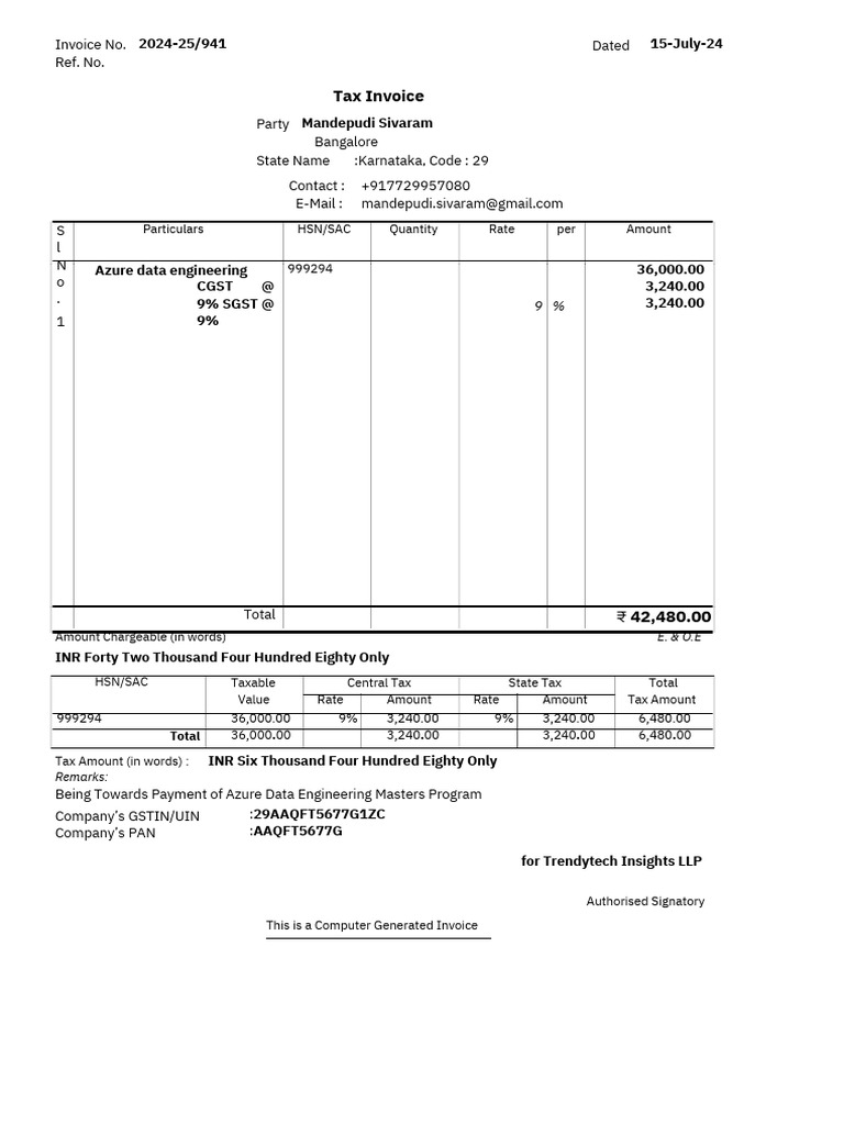 Azure Data Engineering Invoice | PDF