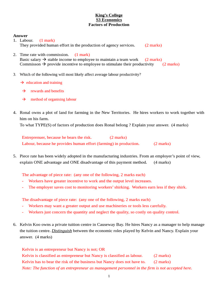 Answer For S3 Econ Worksheet On Factor of Production | PDF