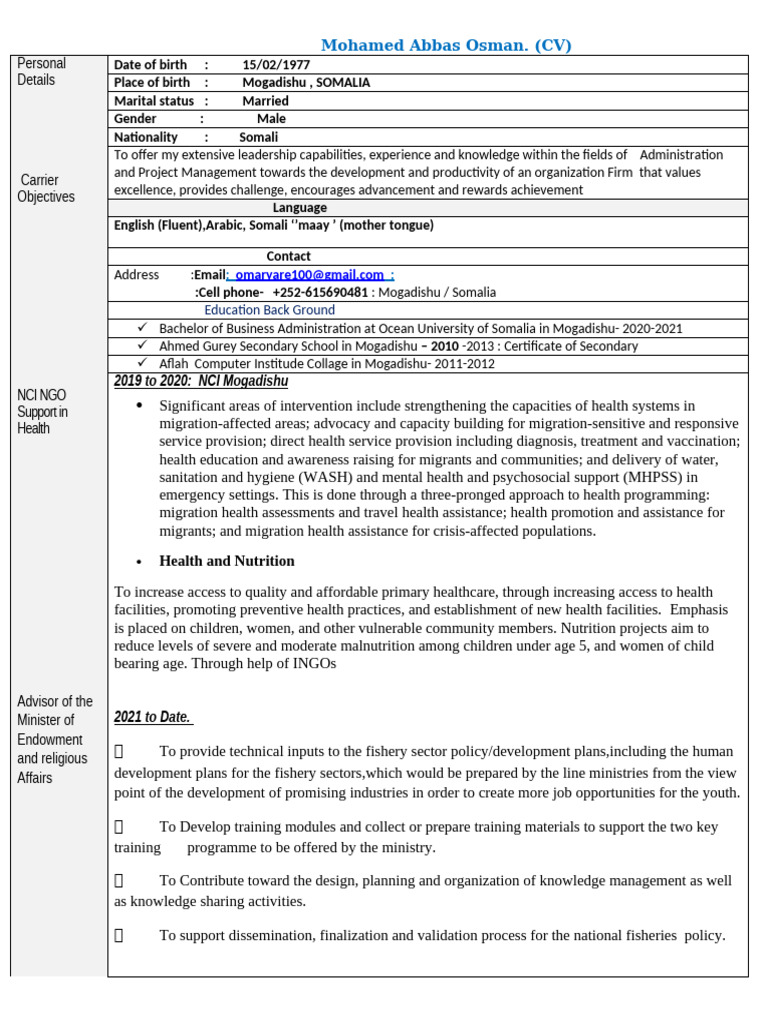 Mohamed Abbas CV Updated | PDF | Mogadishu | Somalia