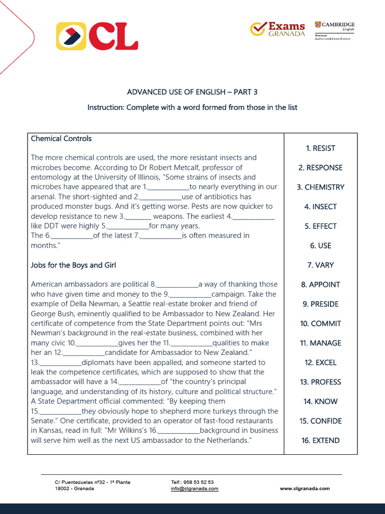 C1 ADVANCED READING & UOE PART 3 - WORD TRANSFORMATION | PDF