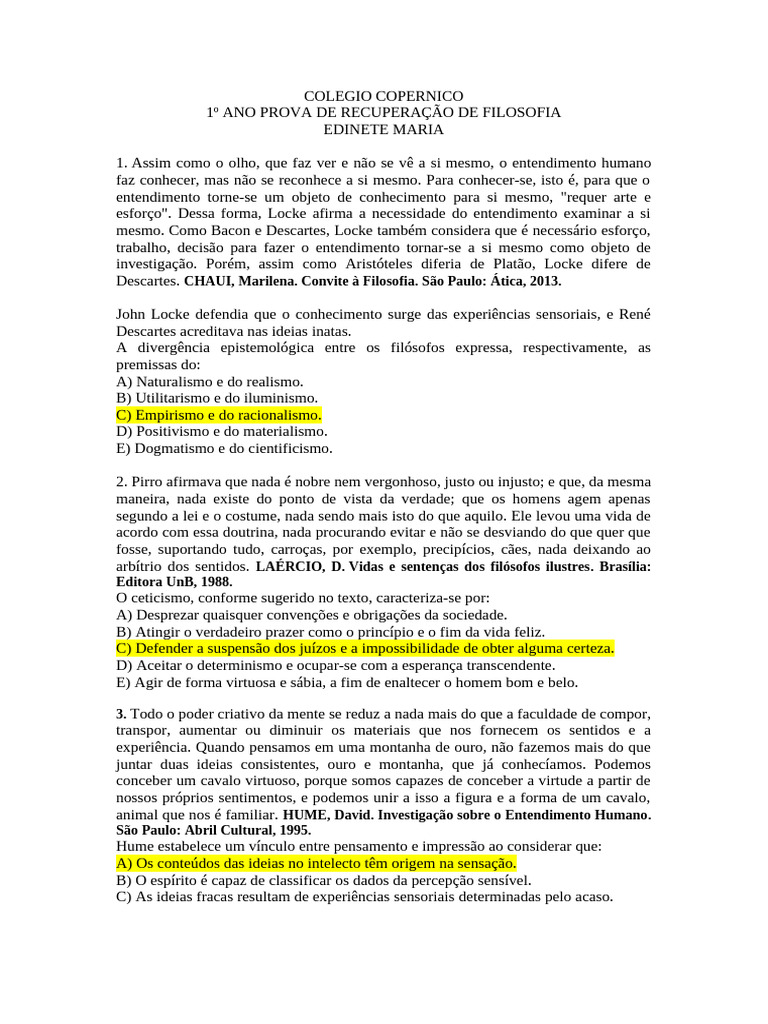 FILOSOFIA RECUPE 1º ANO | PDF | David Hume | Experiência