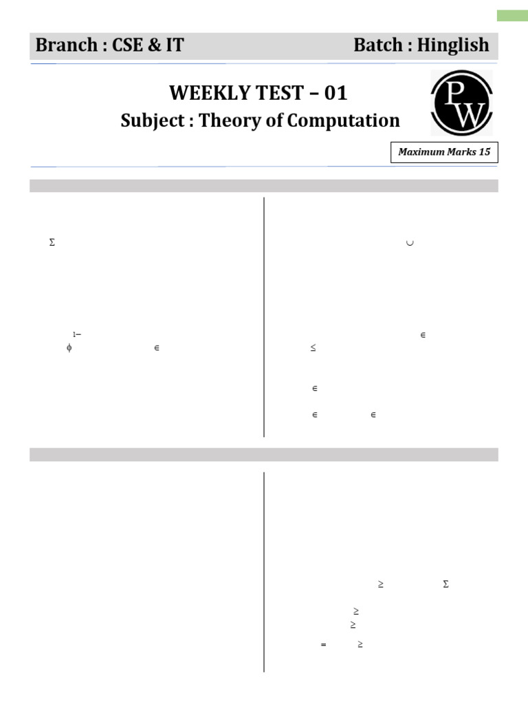 Weekly Test On Theory Of Computation Pdf Regular Expression