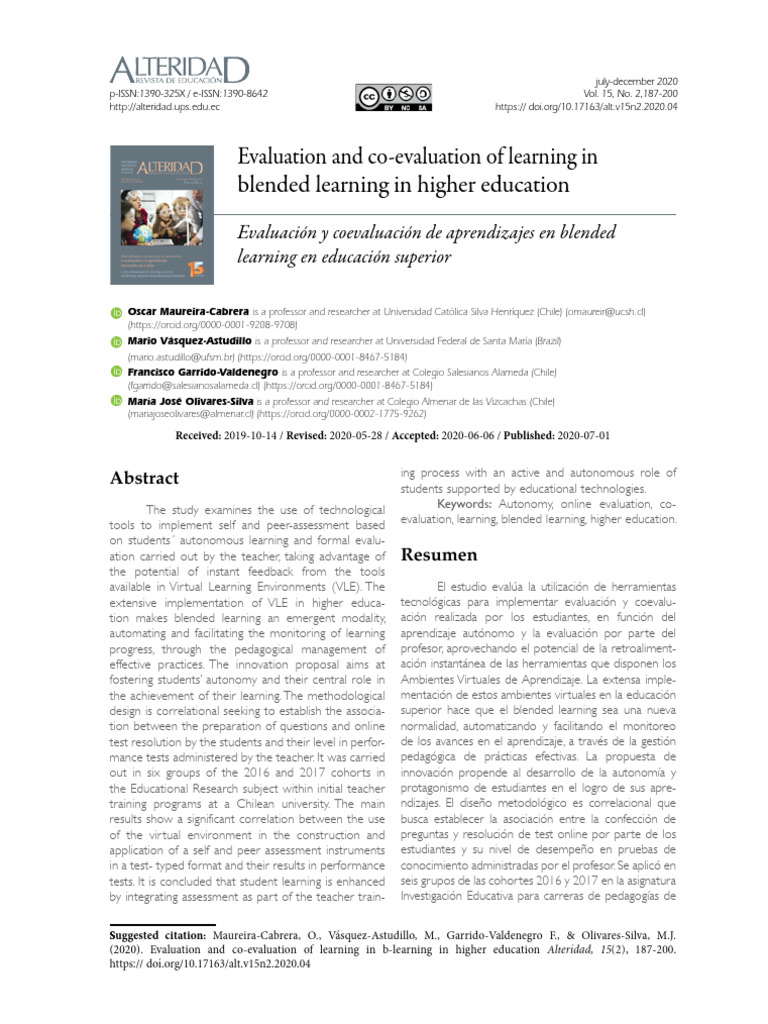 Evaluation and Co-Evaluation of Learning in Blended Learning in Higher Education | PDF ...