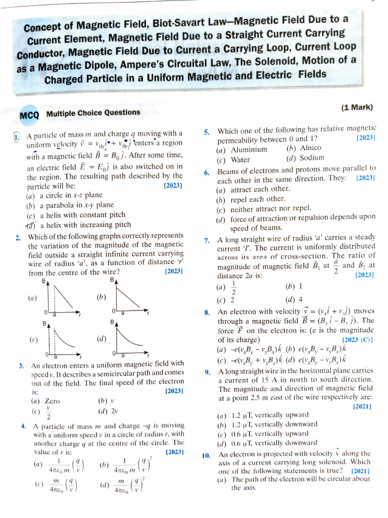 Physics MCQs: Magnetic Fields | PDF | Magnetic Field | Electron