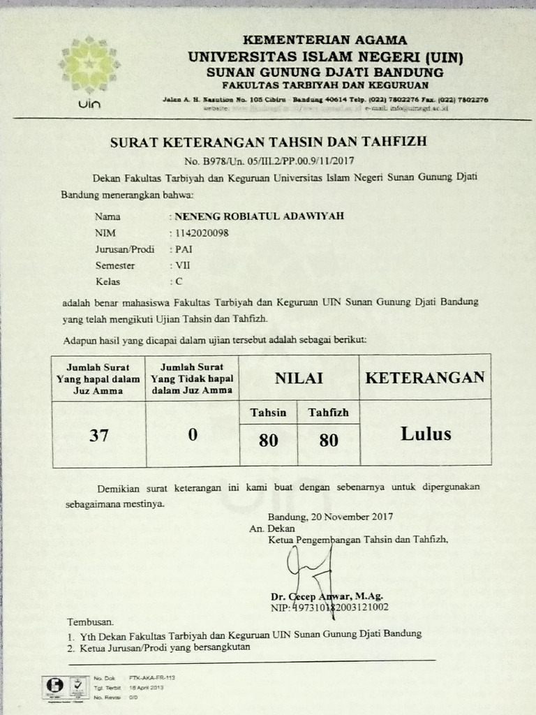 SK Kelulusan Tahsin Dan Tahfizh Neneng | PDF