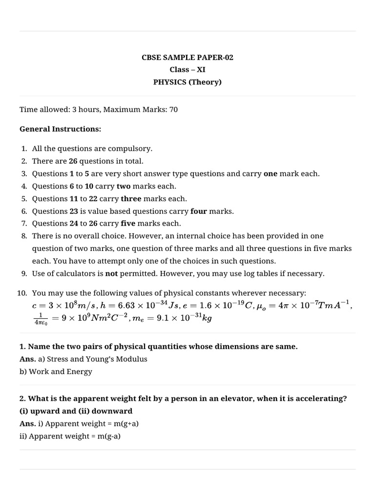 Class XI Physics Sample Paper | PDF | Force | Acceleration