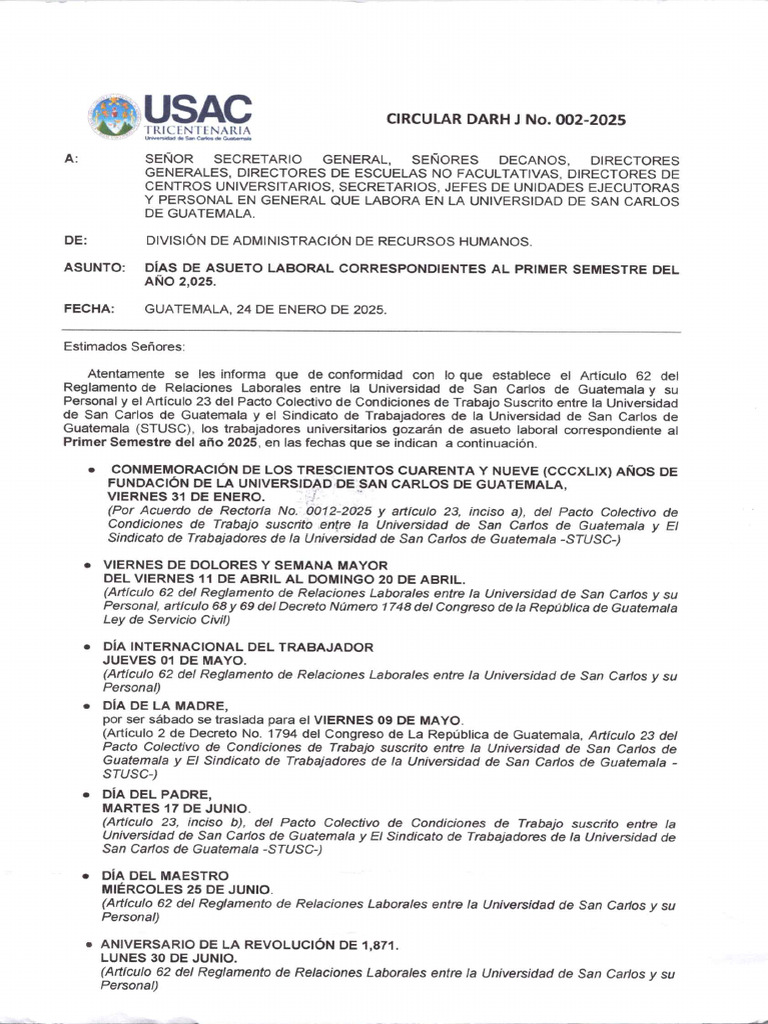 CIRCULAR DARH J No. 002-2025, Días de Asueto Laboral Correspondientes ...