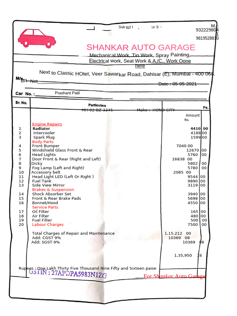 Car Maintenance Bill | PDF | Rear Wheel Drive Vehicles | Vehicle Technology