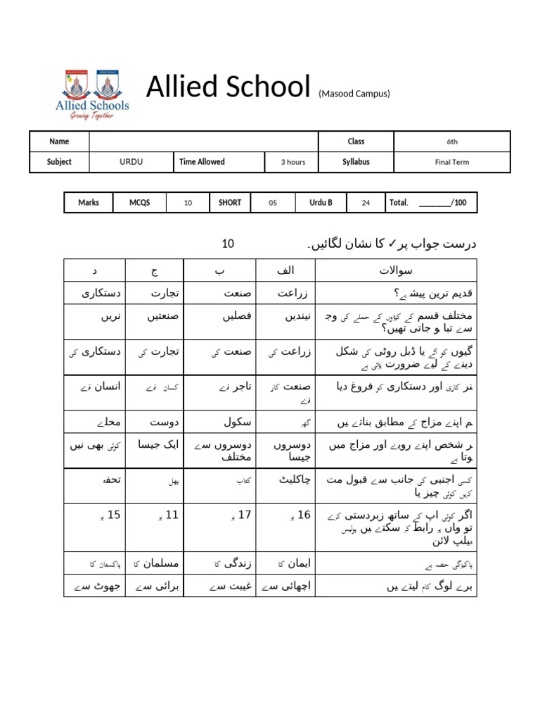 Class 10 Urdu T-5 | PDF