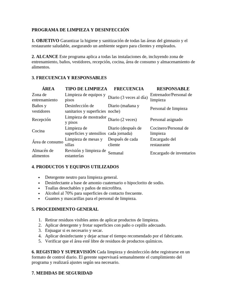 Limpieza y Desinfección en Gimnasio y Restaurante | PDF