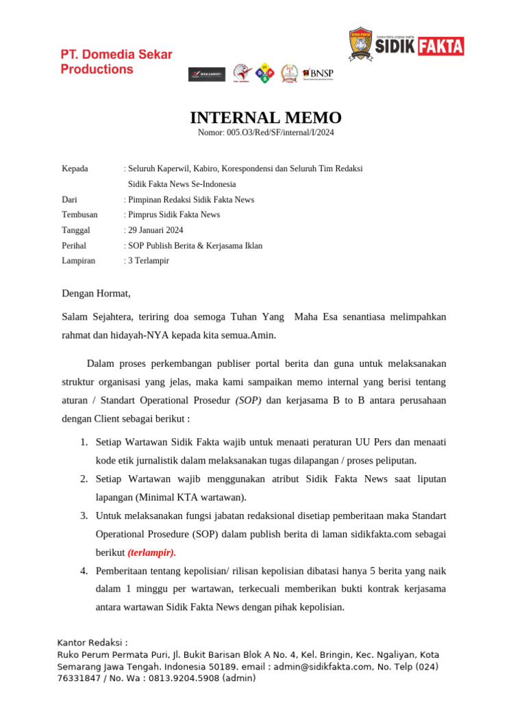 MEMO Internal Perusahaan Sidik Fakta 2024 | PDF