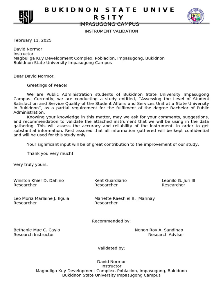 Research Letter To Experts Instrument Validation | PDF
