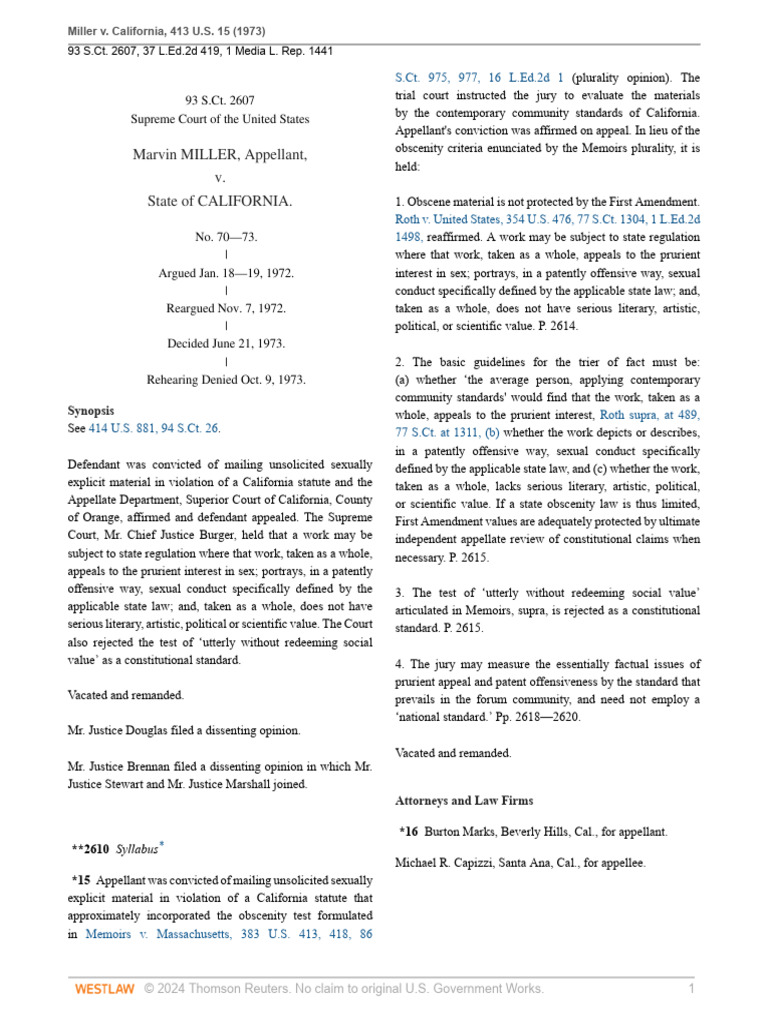 Miller v California 報告 | PDF | Miller V. California | Obscenity