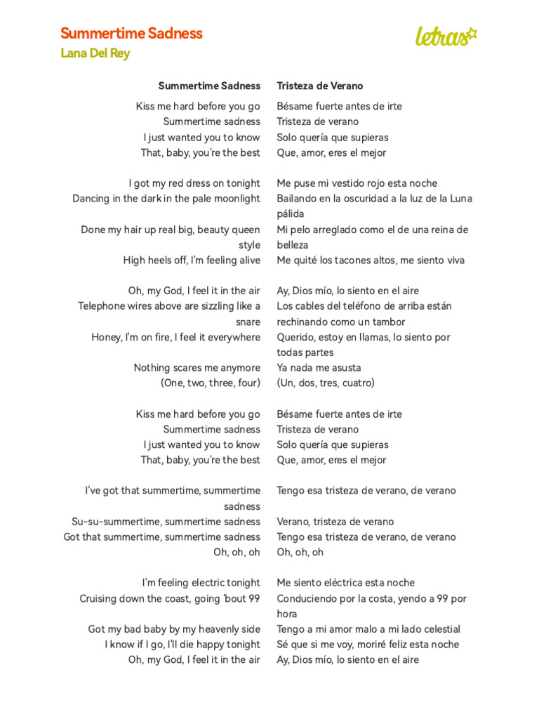 SUMMERTIME SADNESS (TRADUCCIÓN) - Lana Del Rey (Impresión) | PDF | Grabación de sonido | Música ...