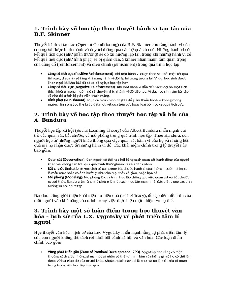 1. Trình bày về học tập theo thuyết hành vi tạo tác của B.F. Skinner | PDF