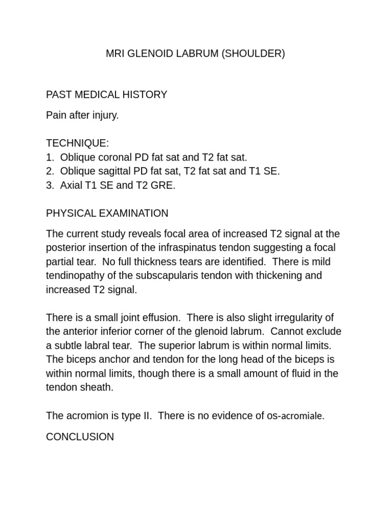 Mri Glenoid Labrum (Shoulder) | PDF