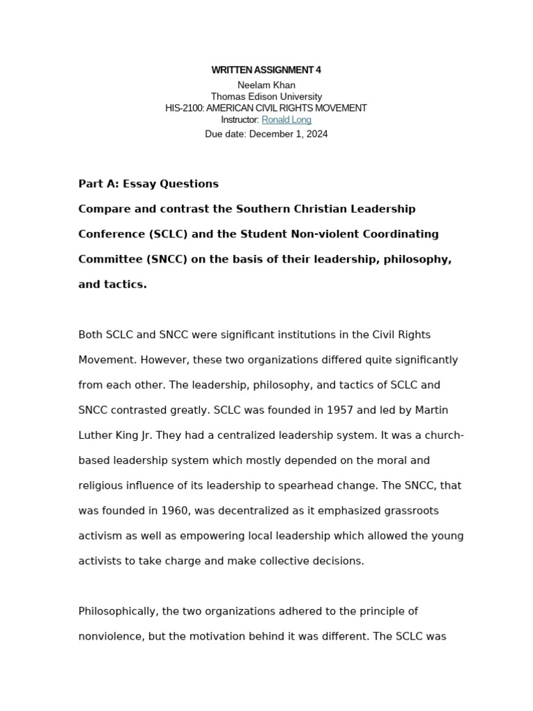 HIS Written Assignment 4 | PDF | Student Nonviolent Coordinating ...