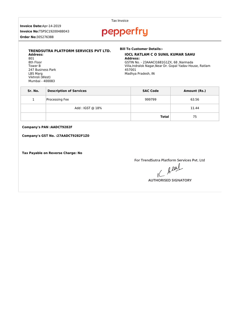 Tax Invoice for IOCL Services - Apr 2019 | PDF