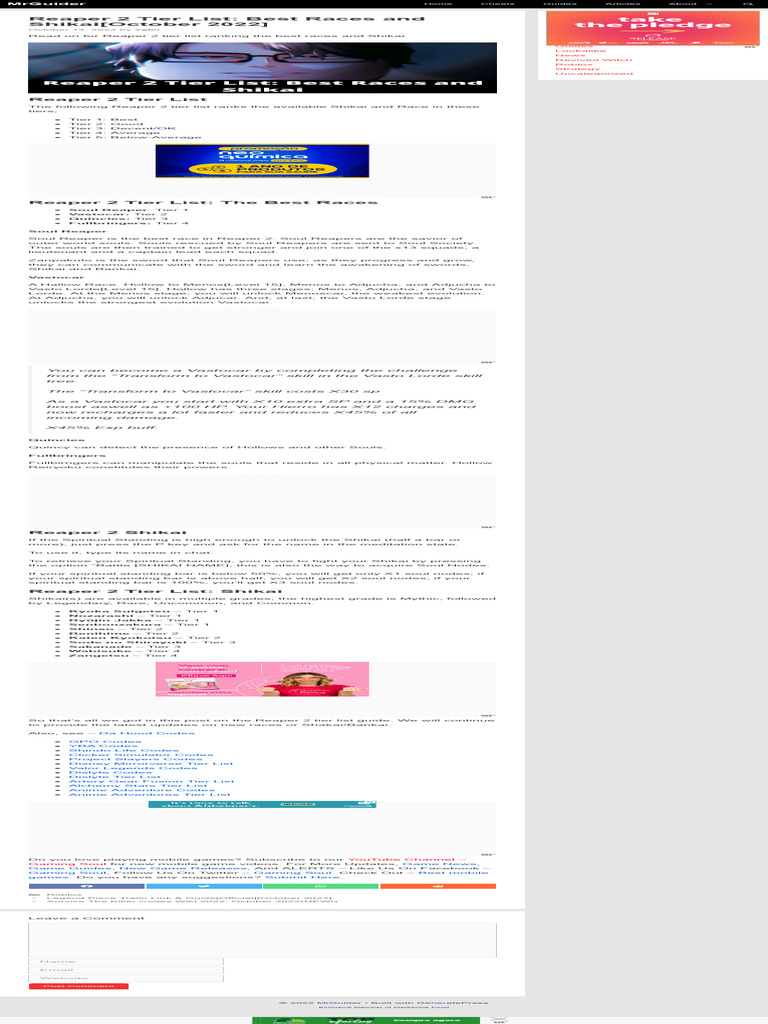 Reaper 2 Tier List Best Races and Shikai (October | PDF