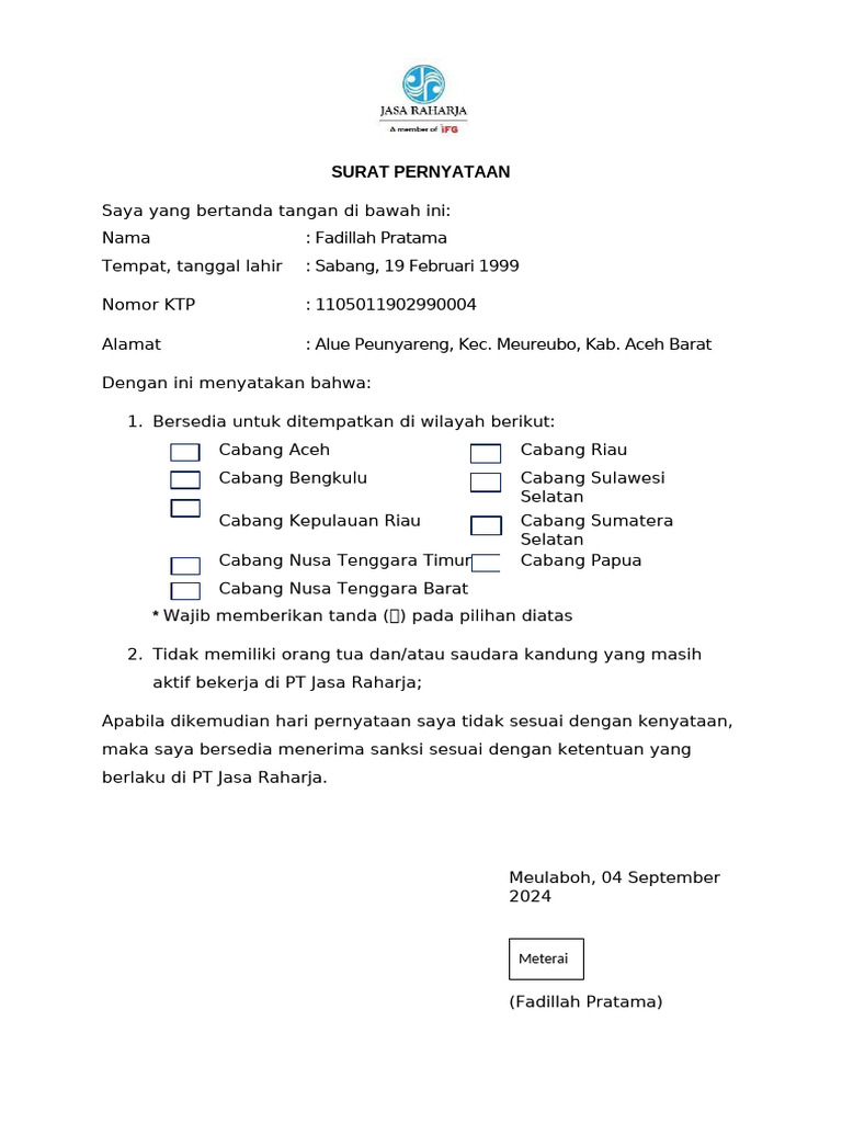 Surat Pernyataan Jasa Raharja | PDF
