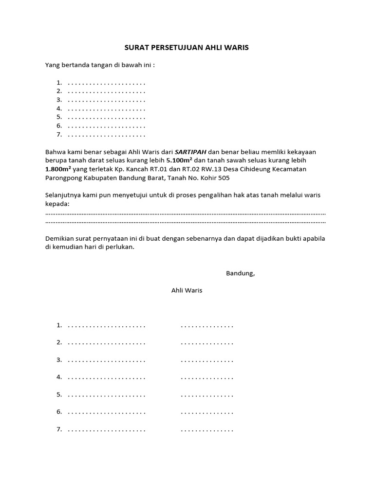 Surat Persetujuan Ahli Waris | PDF