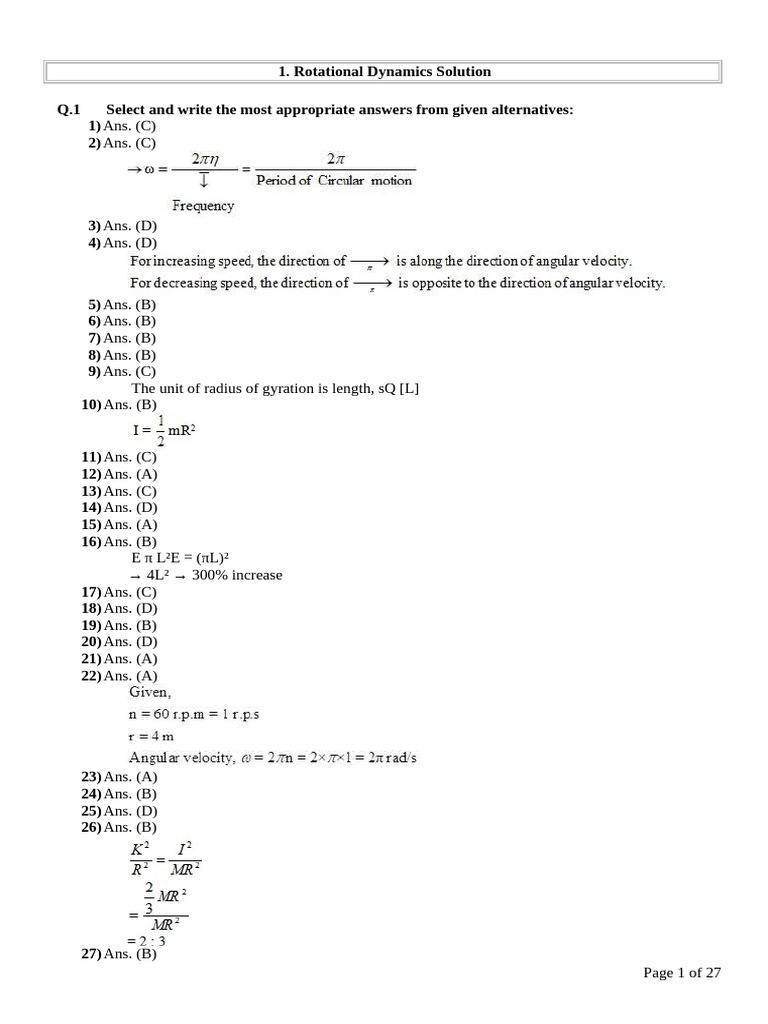 1.rotational Dynamics Sol | PDF | Angular Momentum | Rotation Around A Fixed Axis