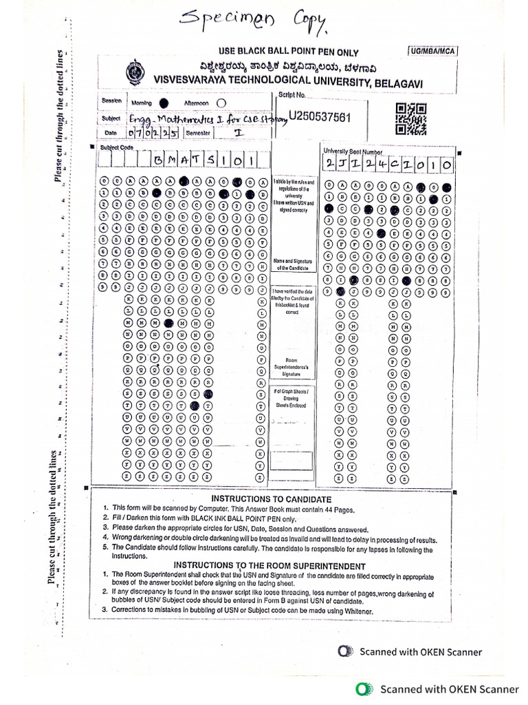 Specimen Copy of Answer Sheet | PDF
