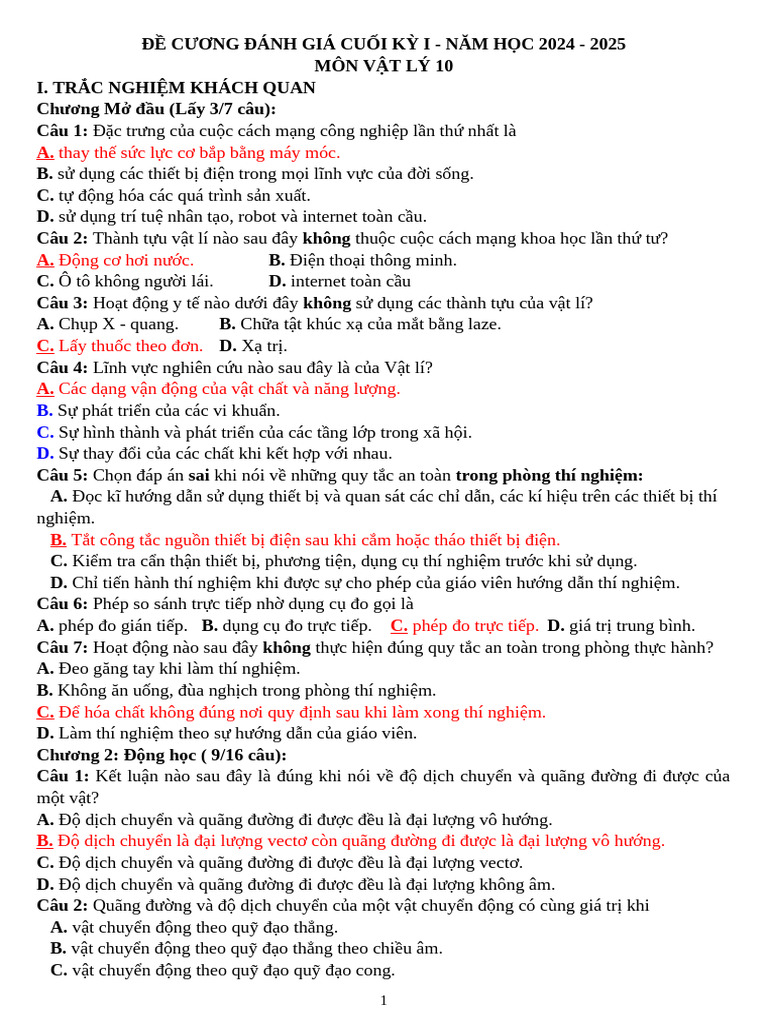 De Cương Ly 10 HK 1 - CT | PDF