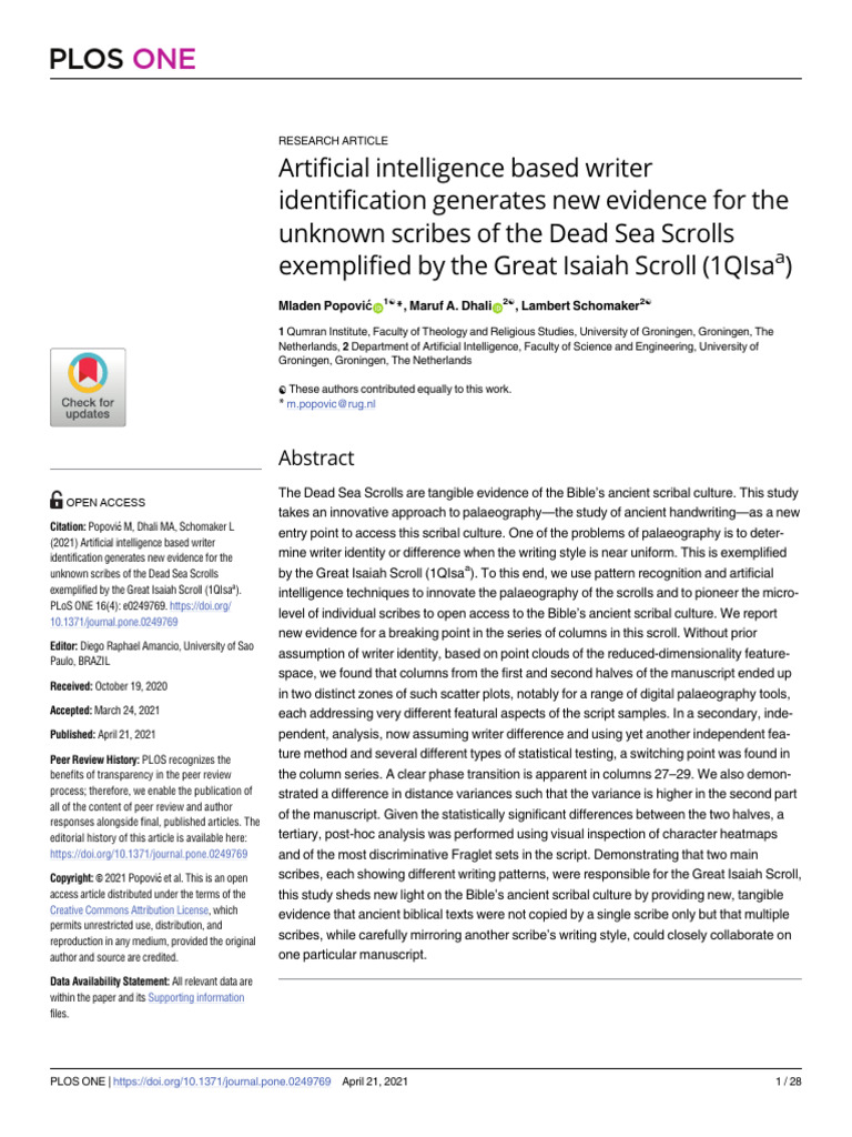 Artificial Intelligence Unknow Scribes 1QIsa A | PDF | Bible | Principal Component Analysis