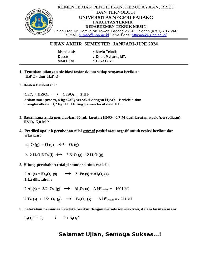 Ujian Kimia Teknik UNP 2024 | PDF