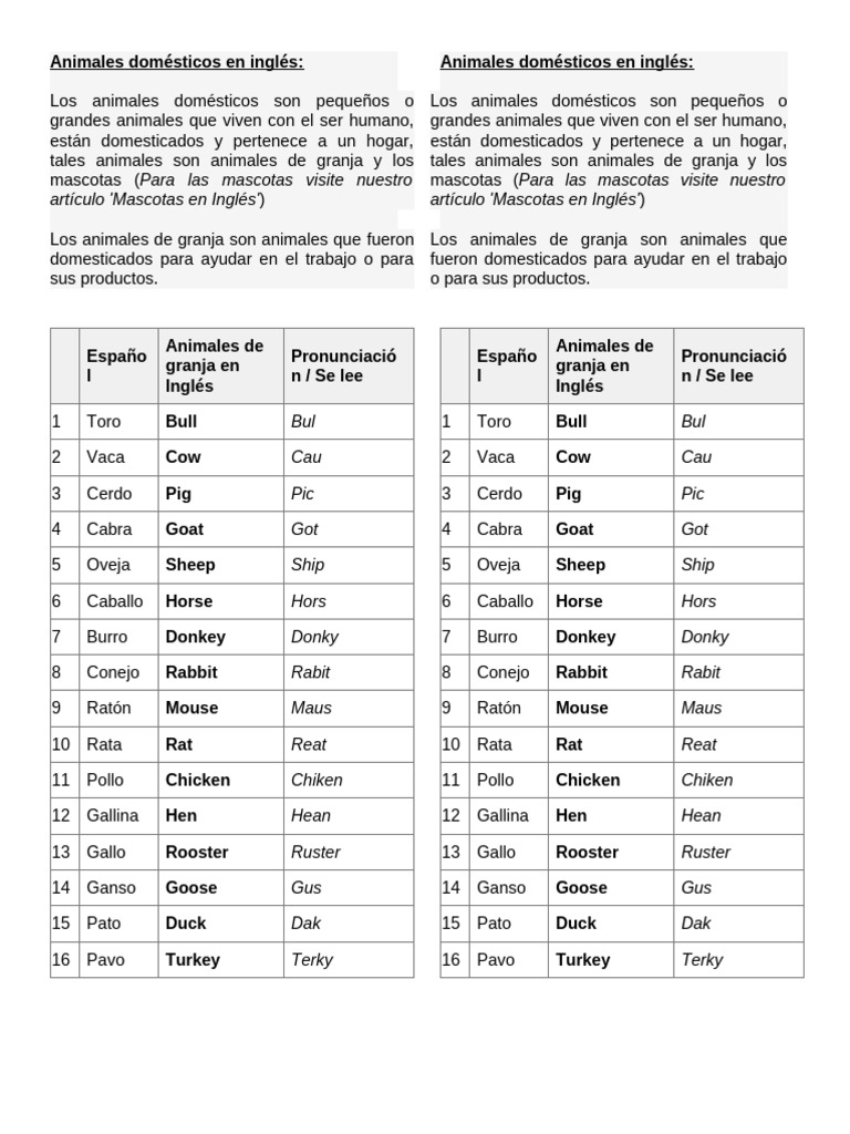 Animales domésticos: inglés y español | PDF | Domesticación | Industria ...