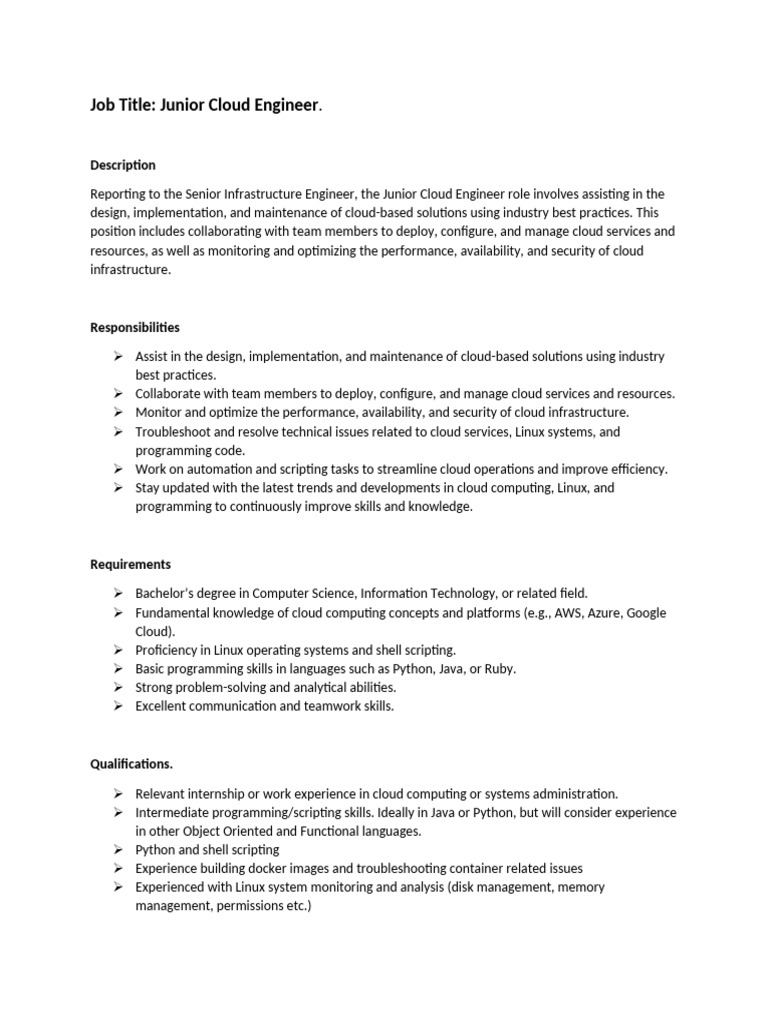 Job Description Junior cloud infrastructure engineer | PDF