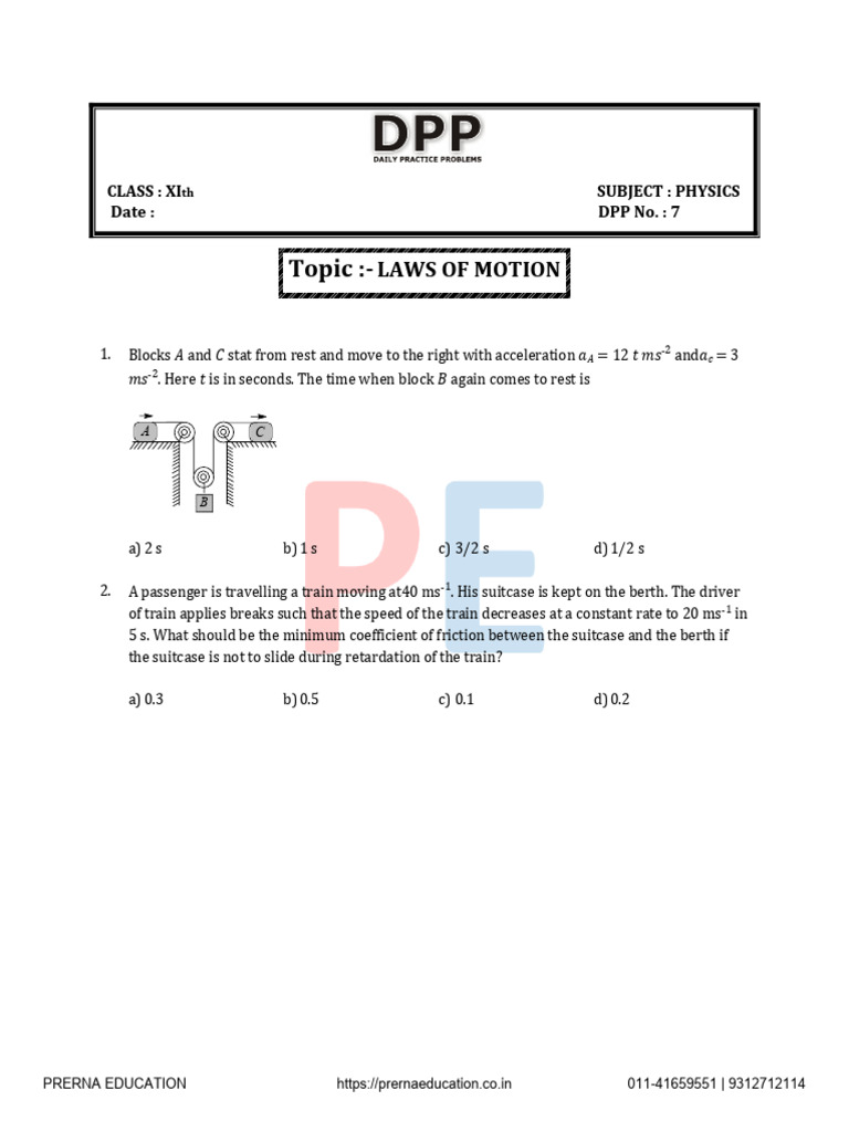 Class XI Physics Laws of Motion DPP | PDF | Force | Friction