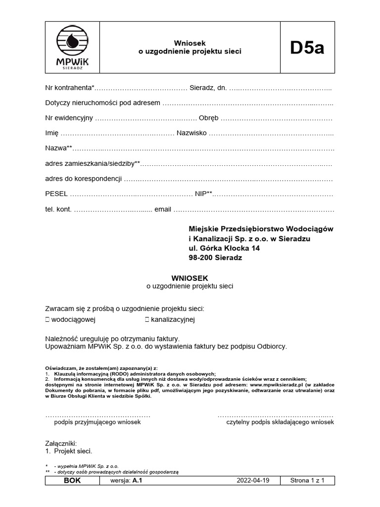 Wniosek o Uzgodnienie Projektu Sieci: Miejskie Przedsiębiorstwo Wodociągów Ul. Górka Kłocka 14 | PDF