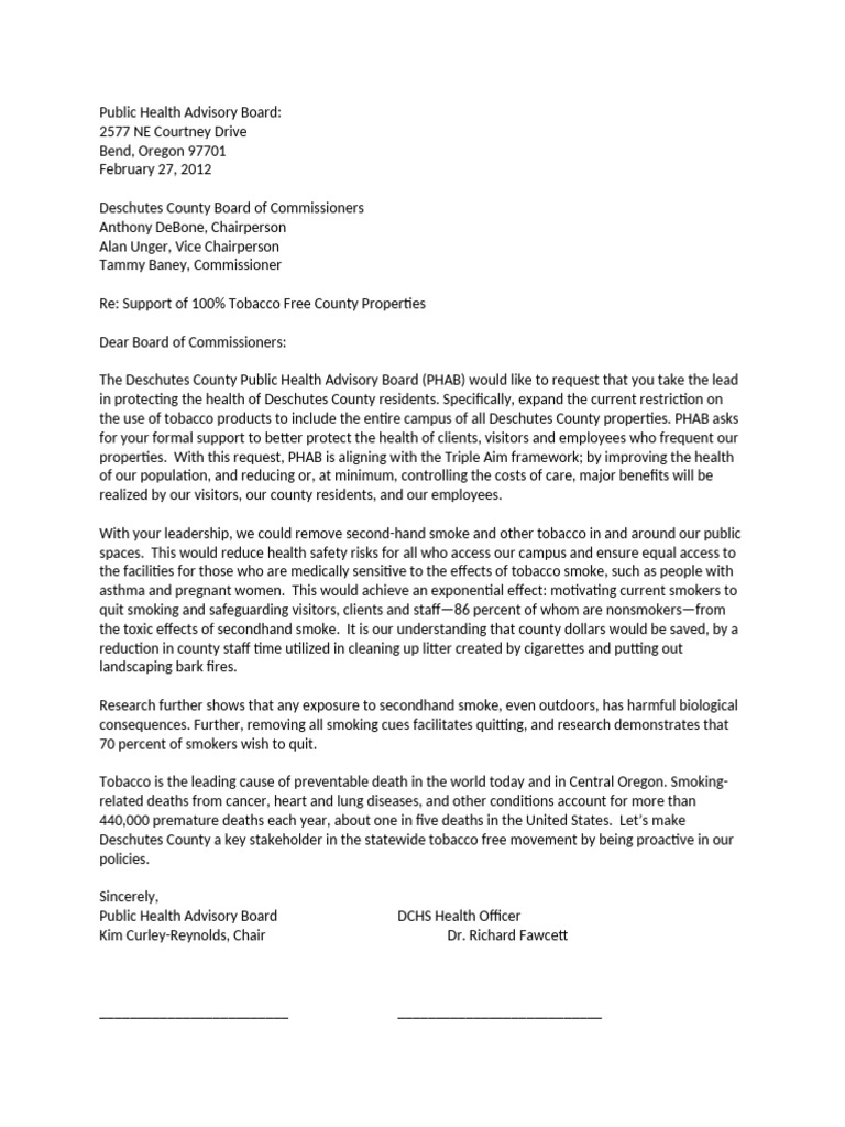 4.2 Sample Letter To Commissioners | PDF | Tobacco Smoking | Addiction