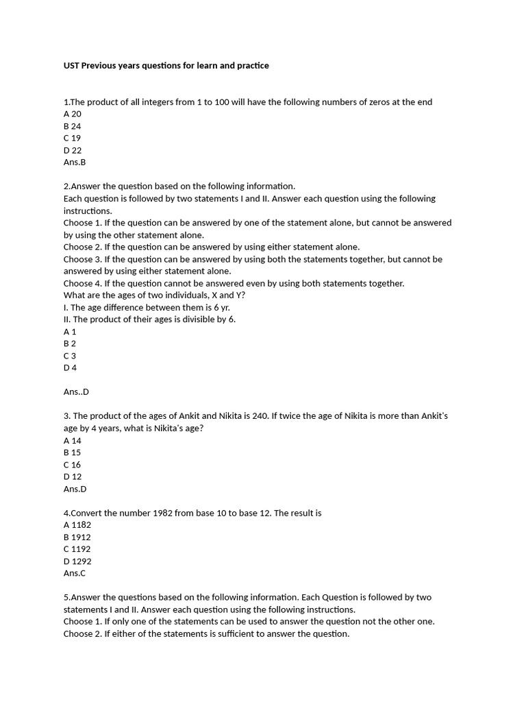 UST Previous Year Questions for Practice | PDF | Question | Deductive ...