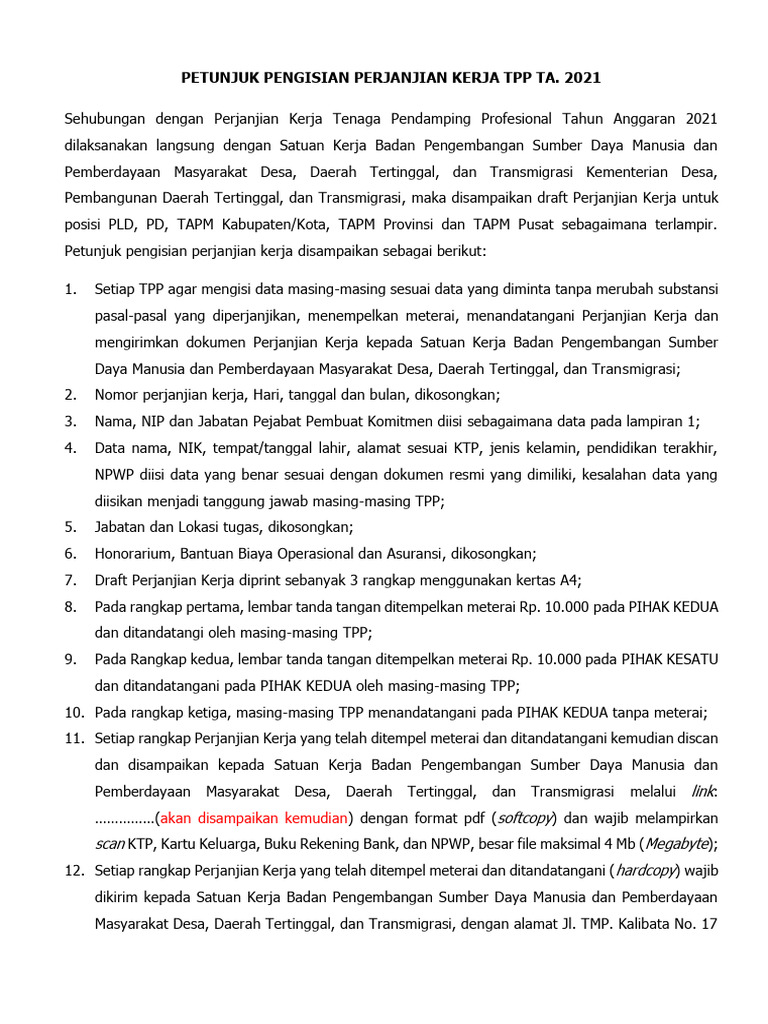 Petunjuk Pengisian Perjanjian Kerja TPP 2021 | PDF