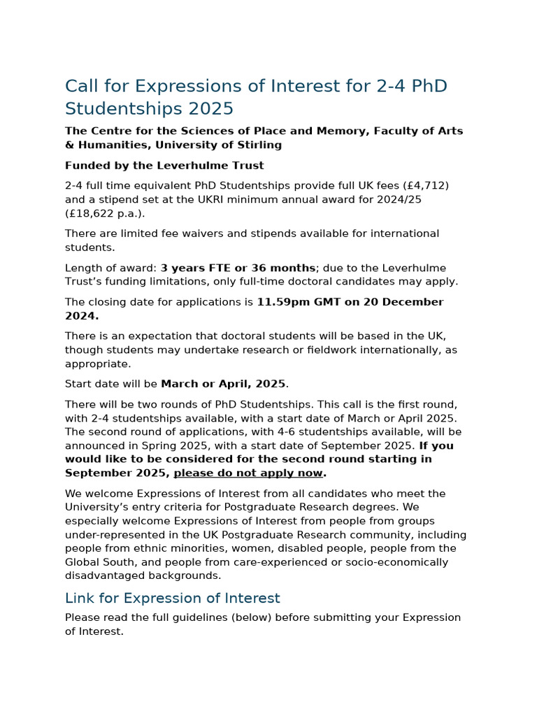 PhD Studentships 2025 at Stirling University | PDF | Doctor Of Philosophy | Science