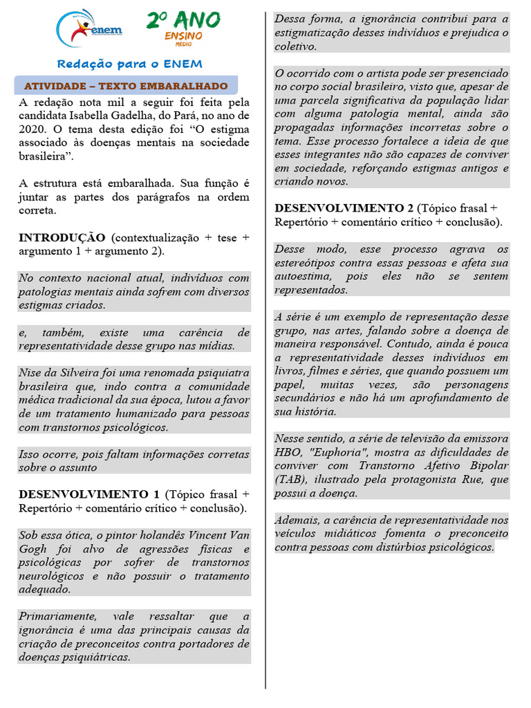 Atividade de Redação - Texto Embaralhado - 2 Série | PDF | Distúrbio ...