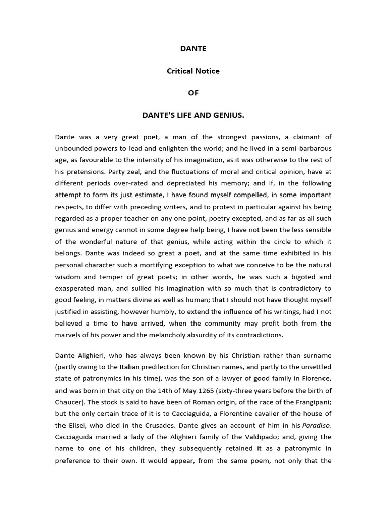 Critical Notice of Dantes Life and Genius | PDF | Dante Alighieri ...