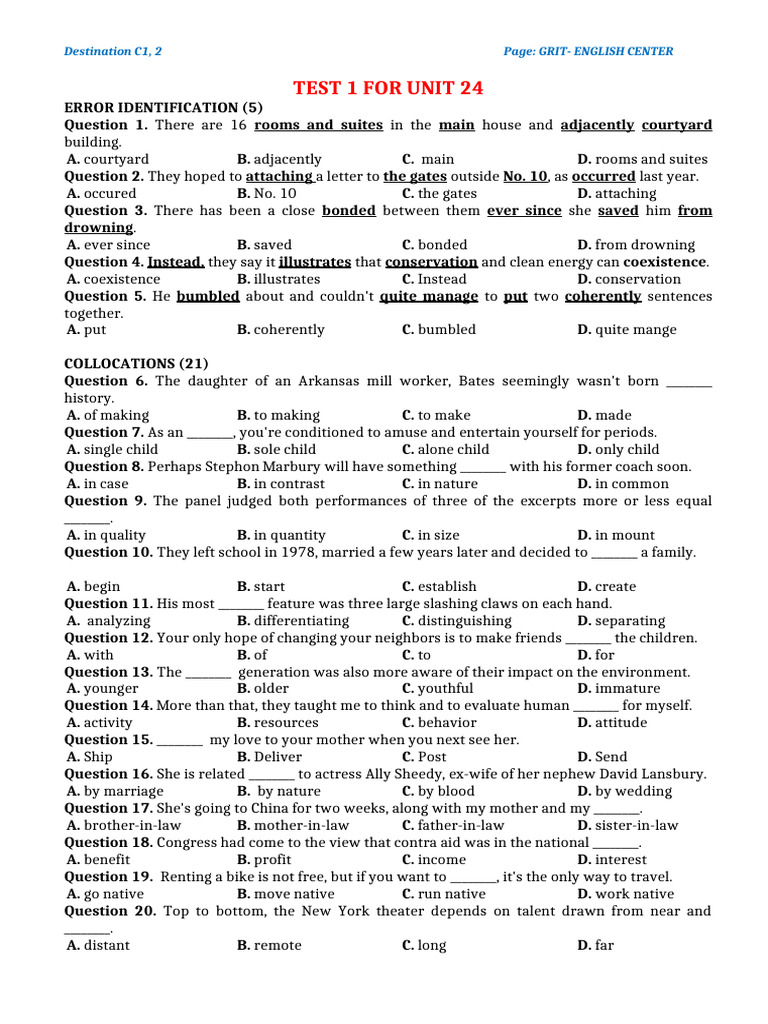 TEST 1 FOR UNIT 24 C1C2 | PDF