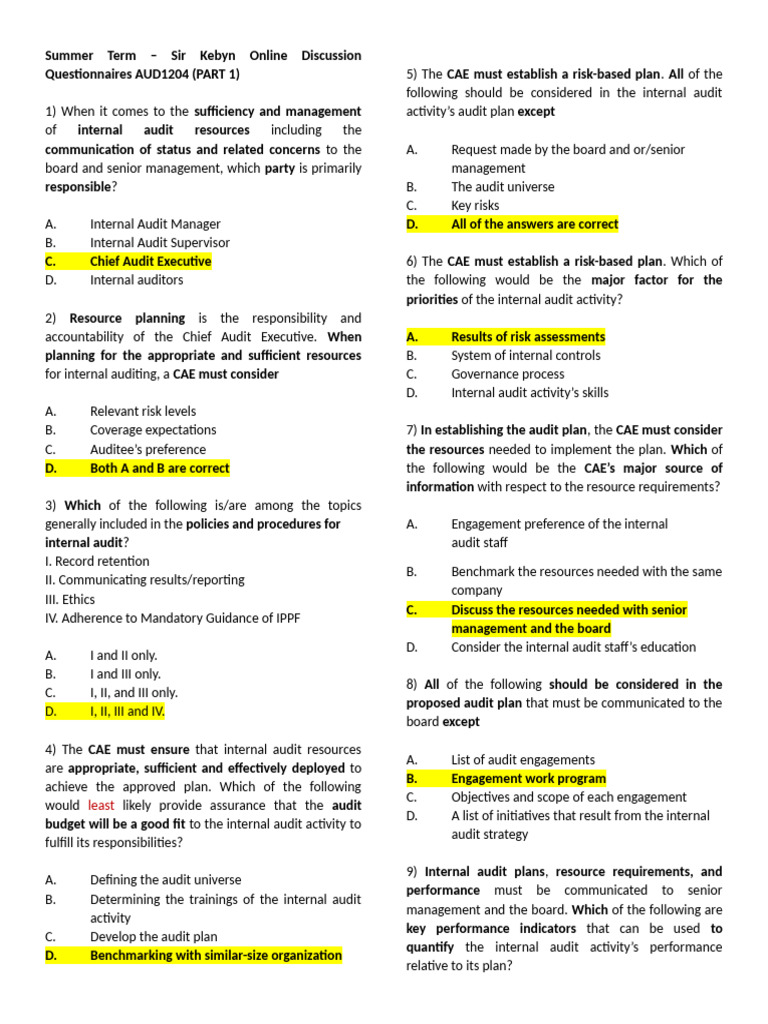 Practice Questions AUD1204 Part 1 | PDF | Internal Audit | Audit